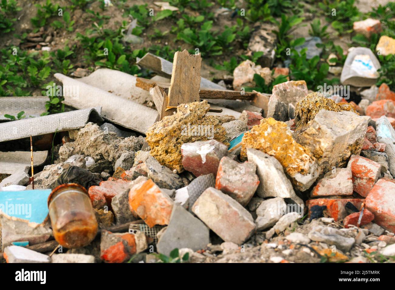 Defocus huge ruins, wreck in Ukraine, war. House after russian attack ...