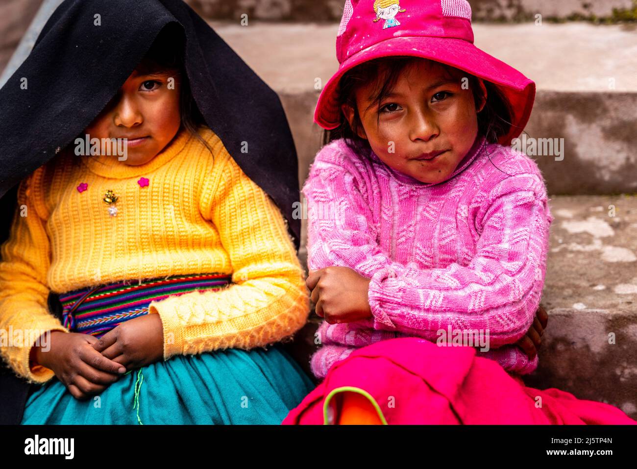 Taquilenos Children, Taquile Island, Lake Titicaca, Puno, Peru Stock ...