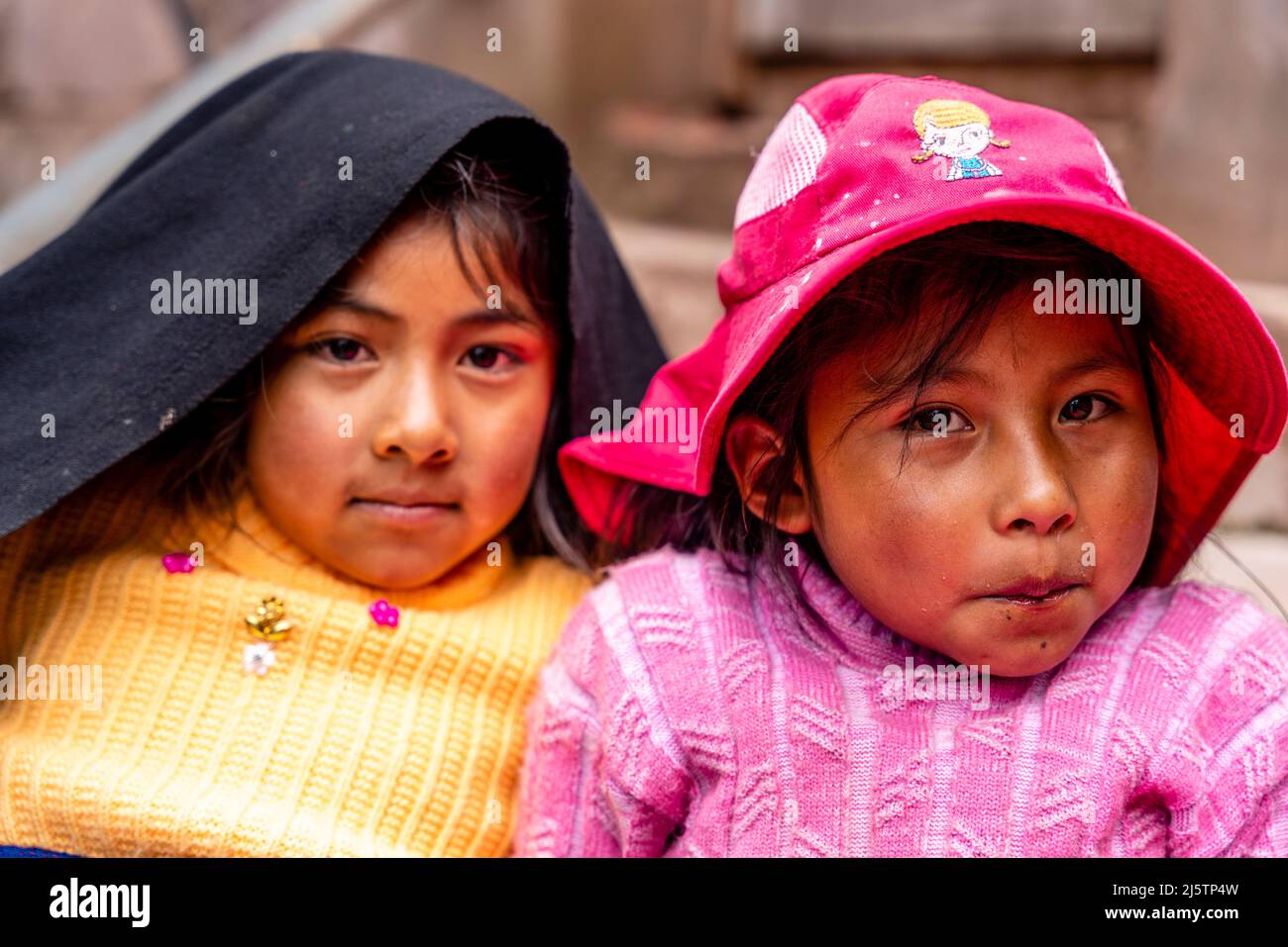 Taquilenos Children, Taquile Island, Lake Titicaca, Puno, Peru Stock ...