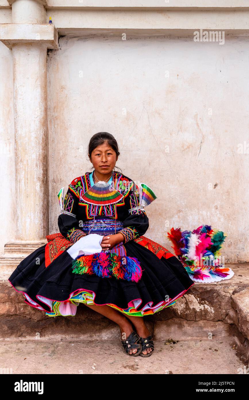 A Young Taquileno Woman In Traditional Costume, Taquile Island, Lake ...