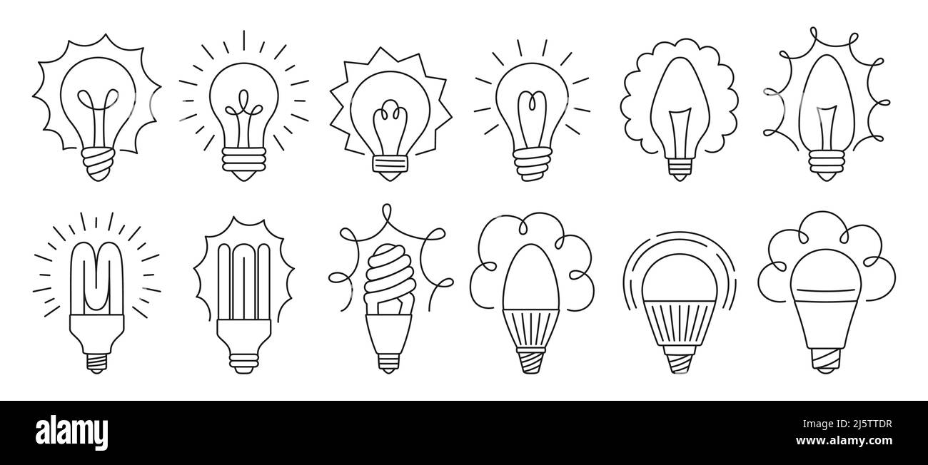 Light bulb doodle icon set. Classic retro glass lamp with rays shine ...
