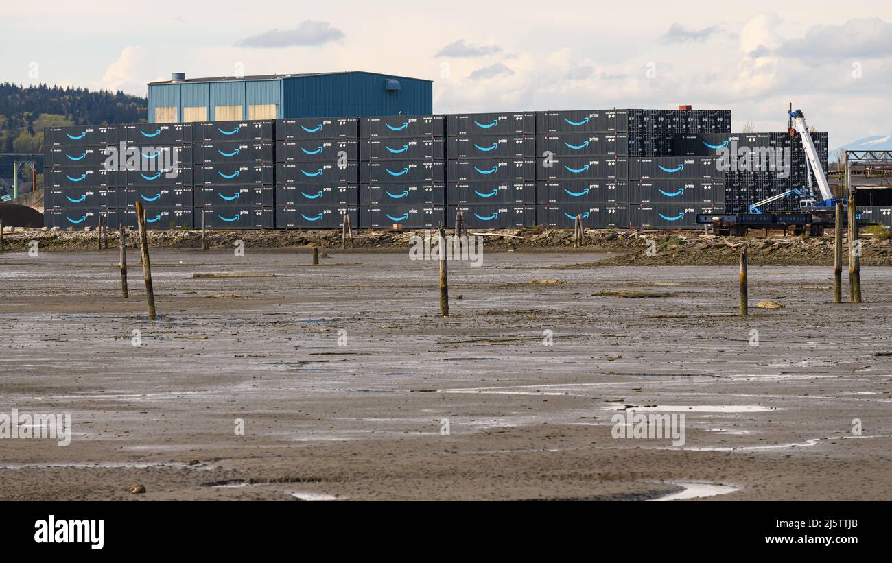 Everett, WA, USA - April 21, 2022; Amazon Prime intermodal containers ...