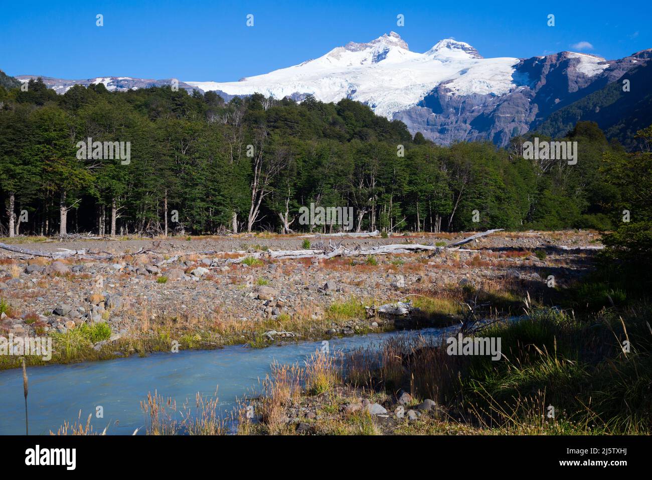 River Cauquenes and Tronador volcano Stock Photo - Alamy