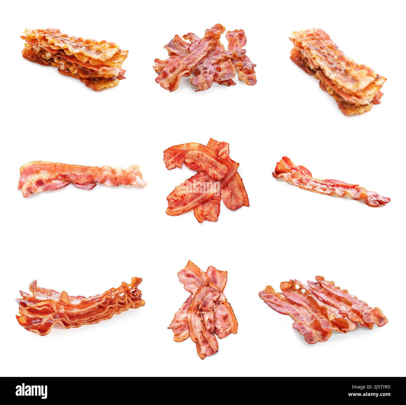 Set of fried bacon rashers on white background Stock Photo - Alamy