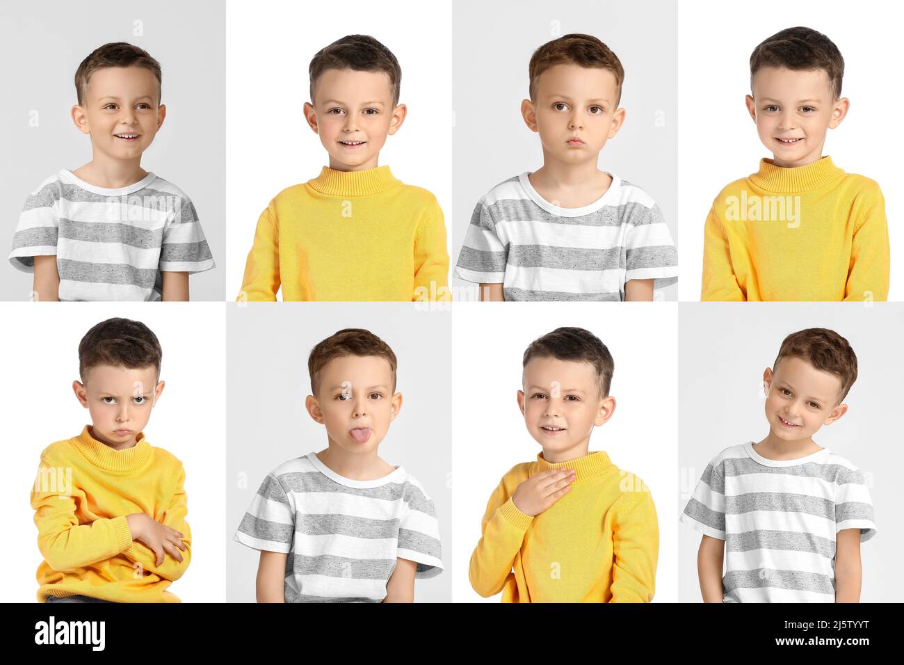Set of little boy showing different emotions on light background Stock ...