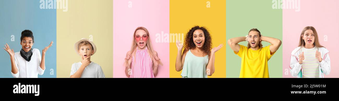 Collage with many surprised people on colorful background Stock Photo ...
