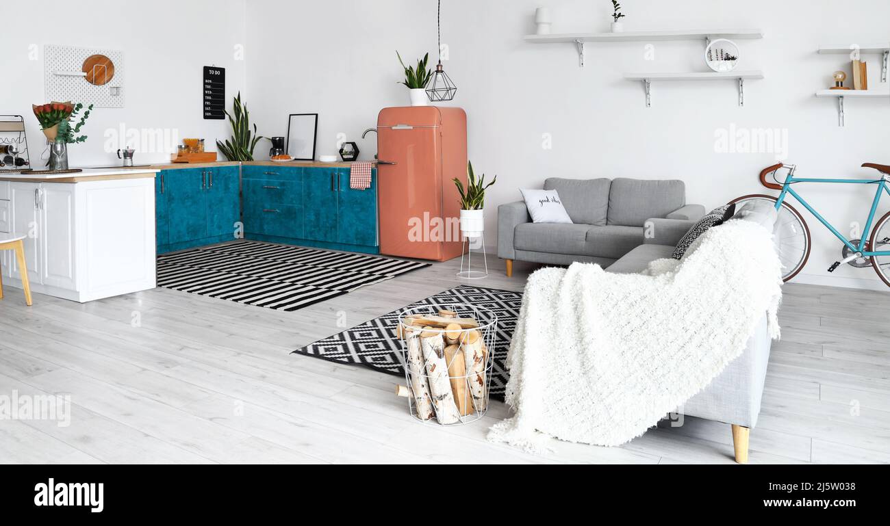 Interior of modern kitchen with counters, sofas and bicycle Stock Photo ...