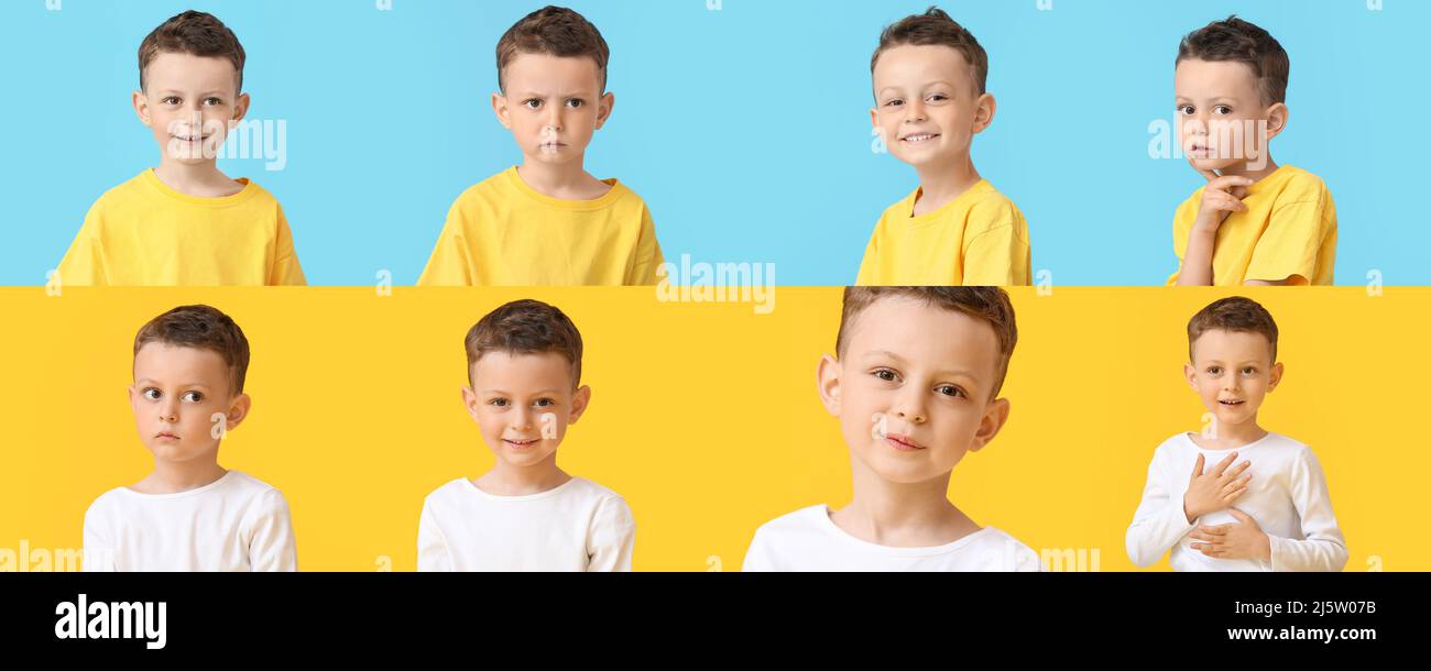 Set of little boy showing different emotions on yellow and blue ...