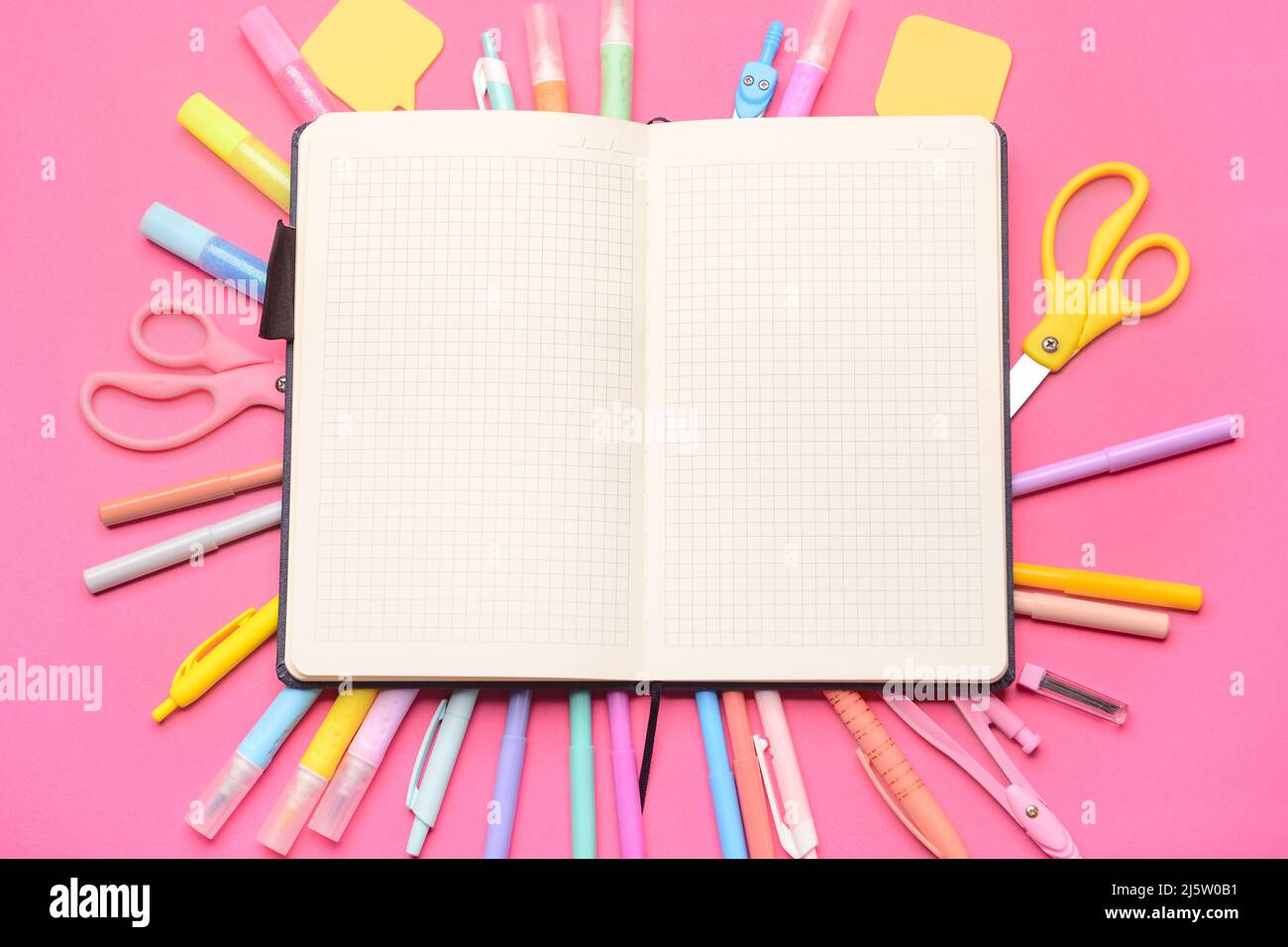 Composition with blank notebook and stationery on pink background Stock ...