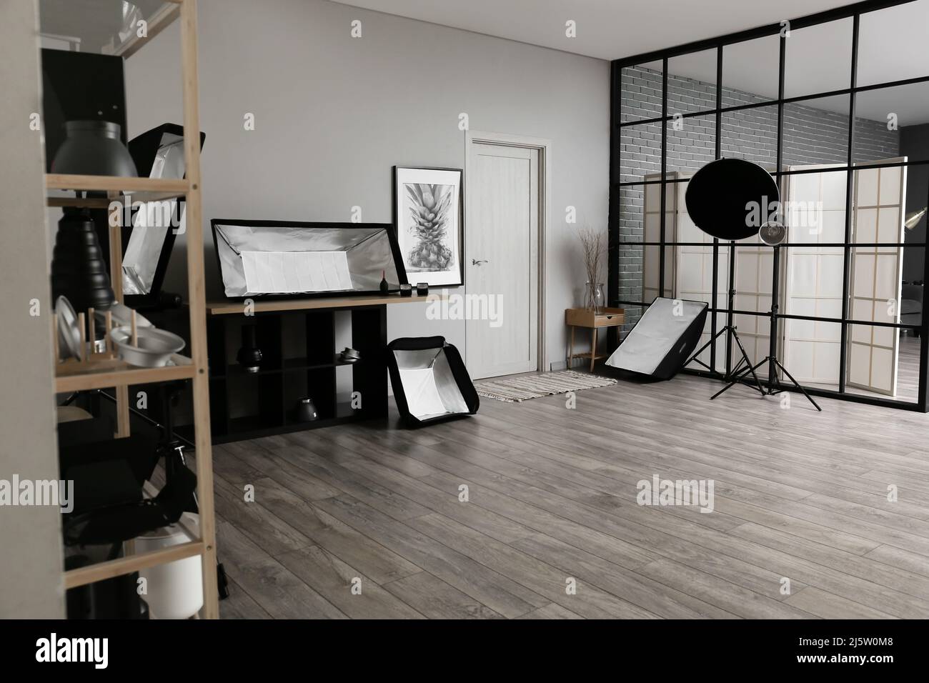 Different professional equipment in stylish photo studio interior Stock ...