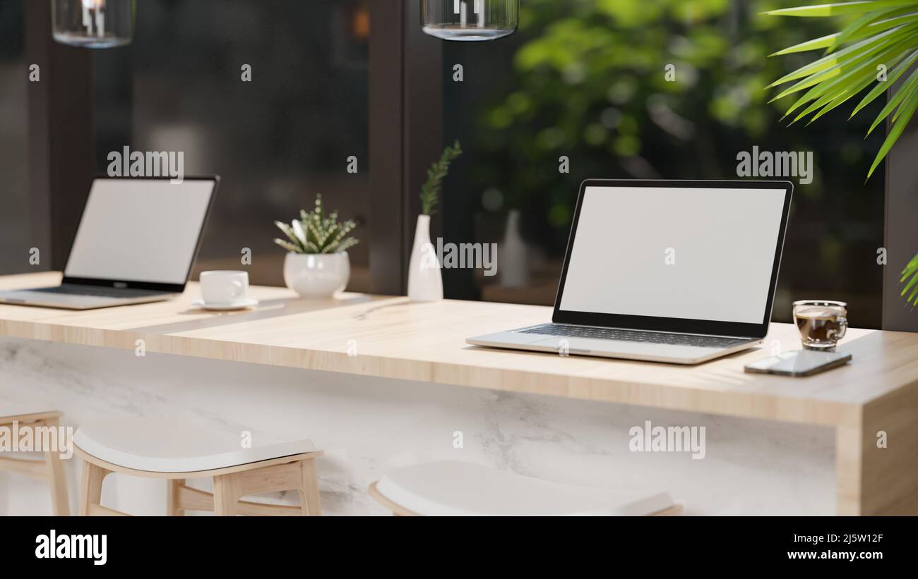 Modern urban office workspace or co-working space interior design with ...