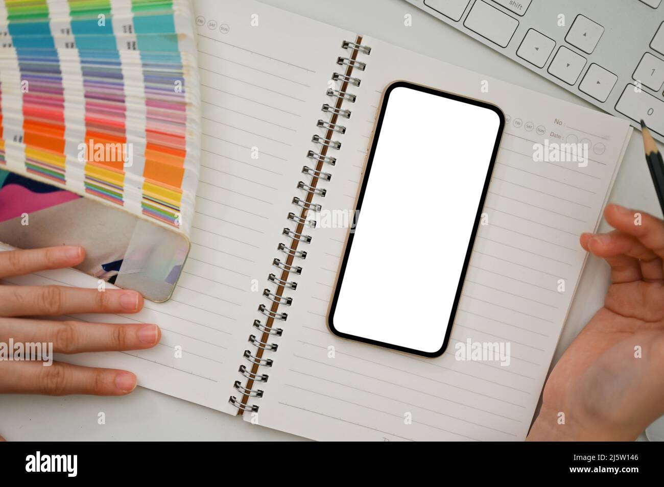 Top view, flat lay, Graphic designer workspace with smartphone white ...