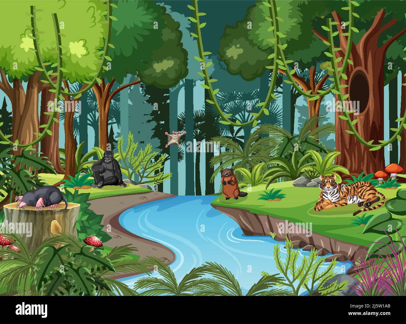 Wild animals cartoon characters in the forest scene illustration Stock ...