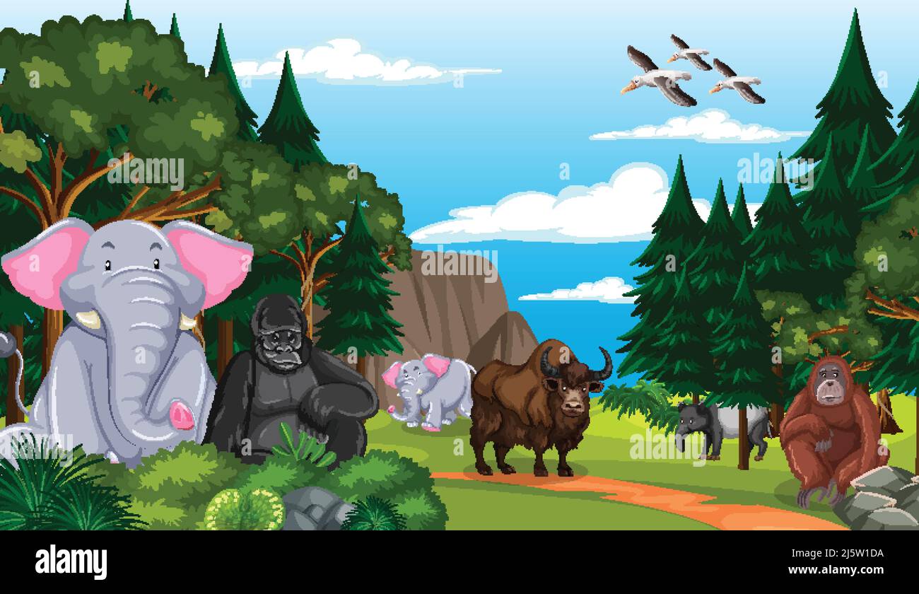 Forest scene with wild animals cartoon characters illustration Stock ...