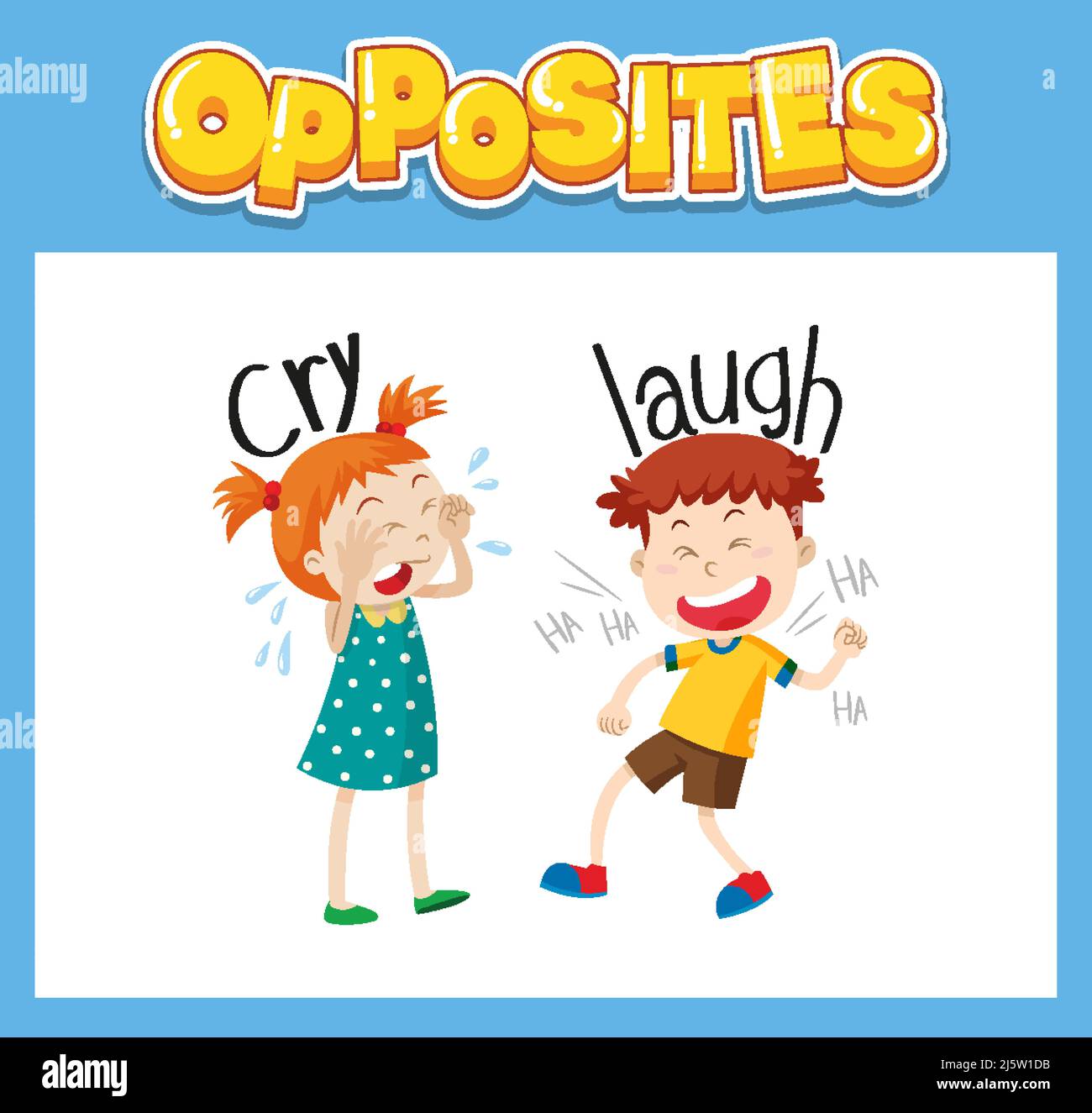 Opposite English words with cry and laugh illustration Stock Vector ...