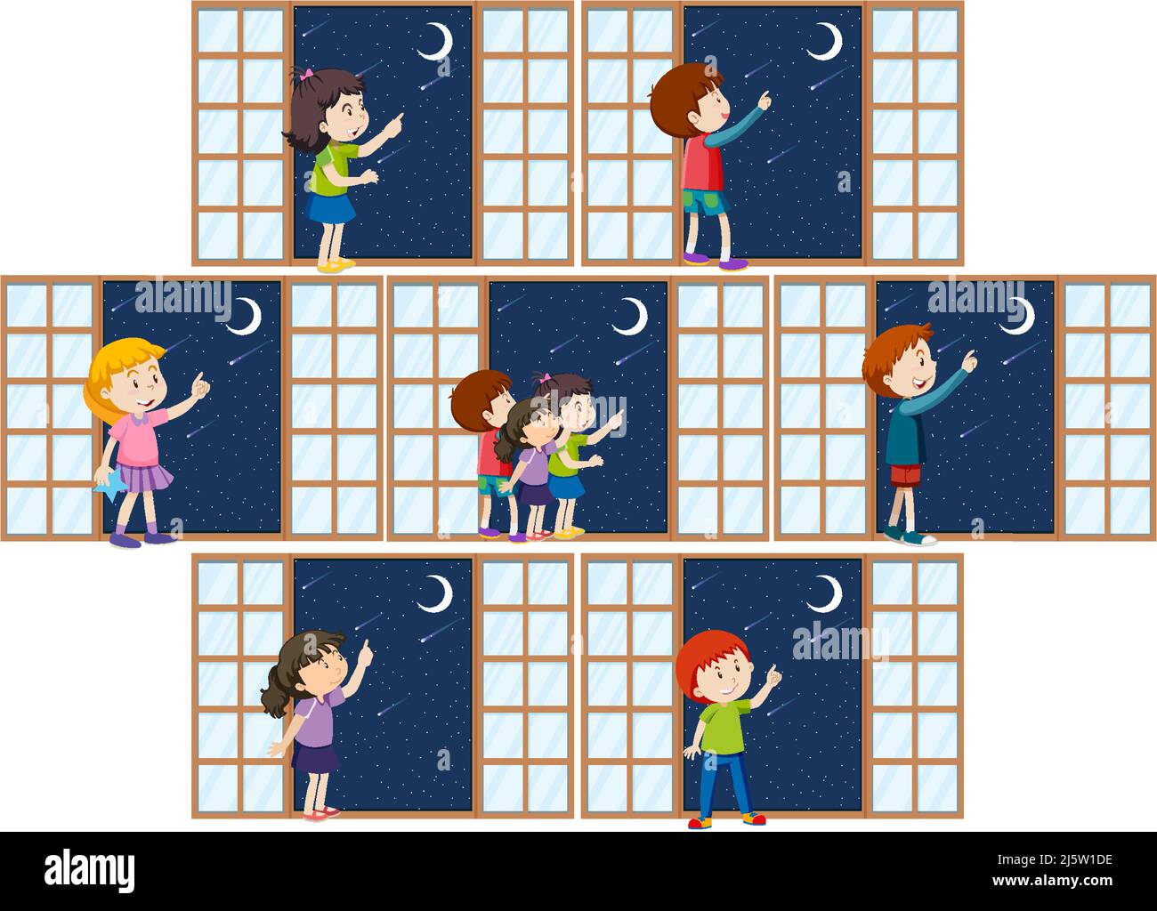 Set of different kids pointing finger to the moon illustration Stock ...