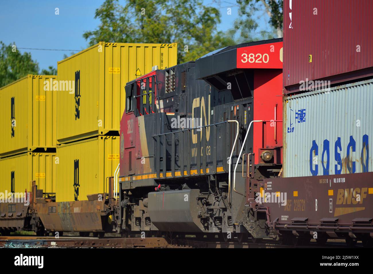 Bartlett, Illinois, USA. A Canadian National Railway locomotive acting ...