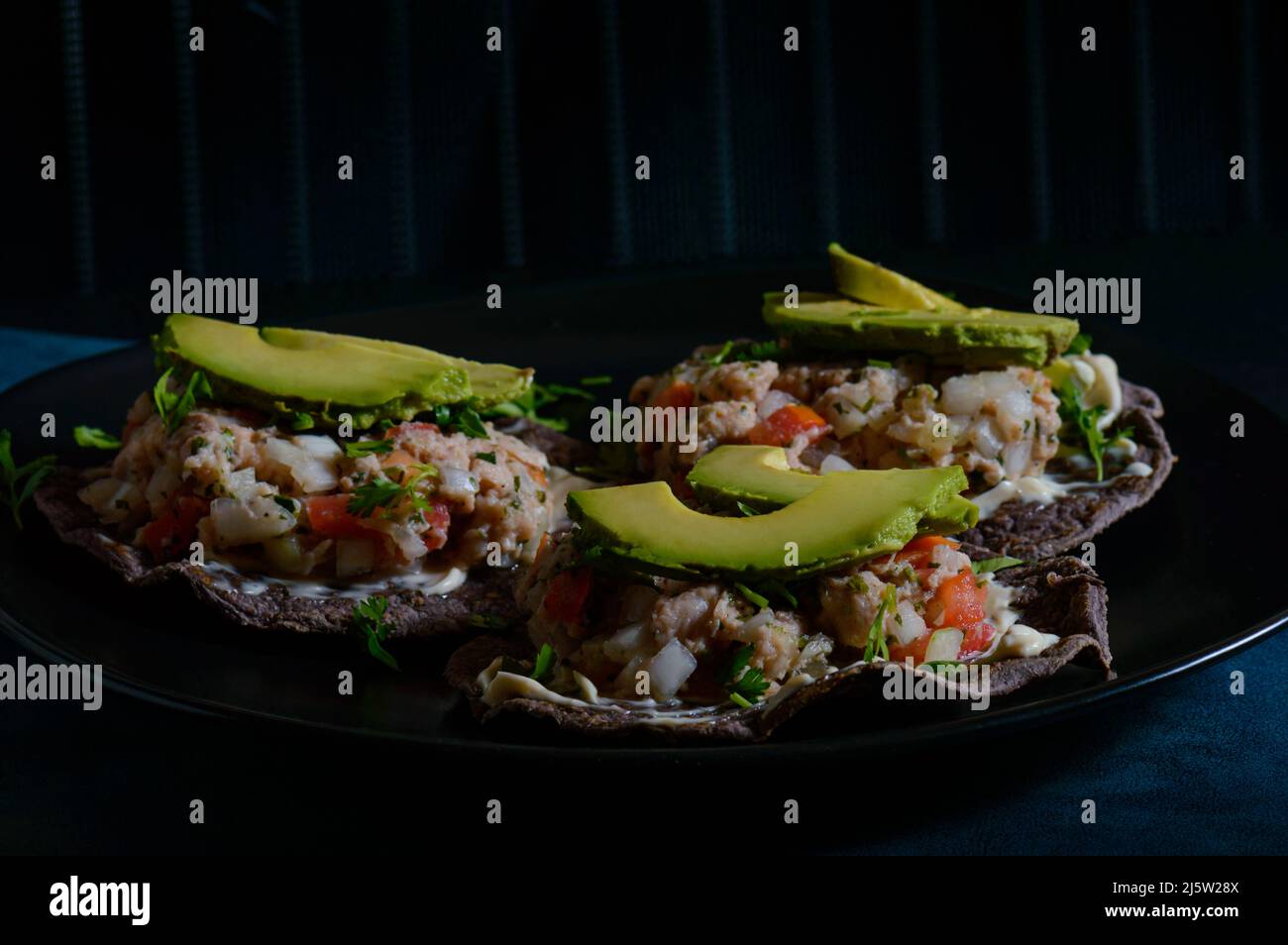 Fish Ceviche on Blue Corn Tostadas, Mexican Food Stock Photo - Alamy