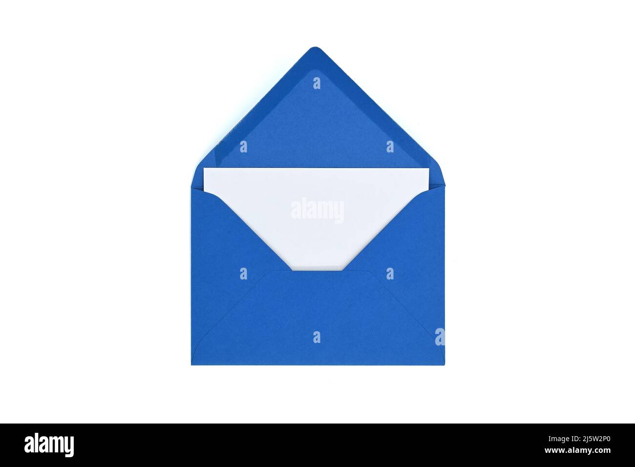 Blue paper envelope with blank white card isolated on white background ...