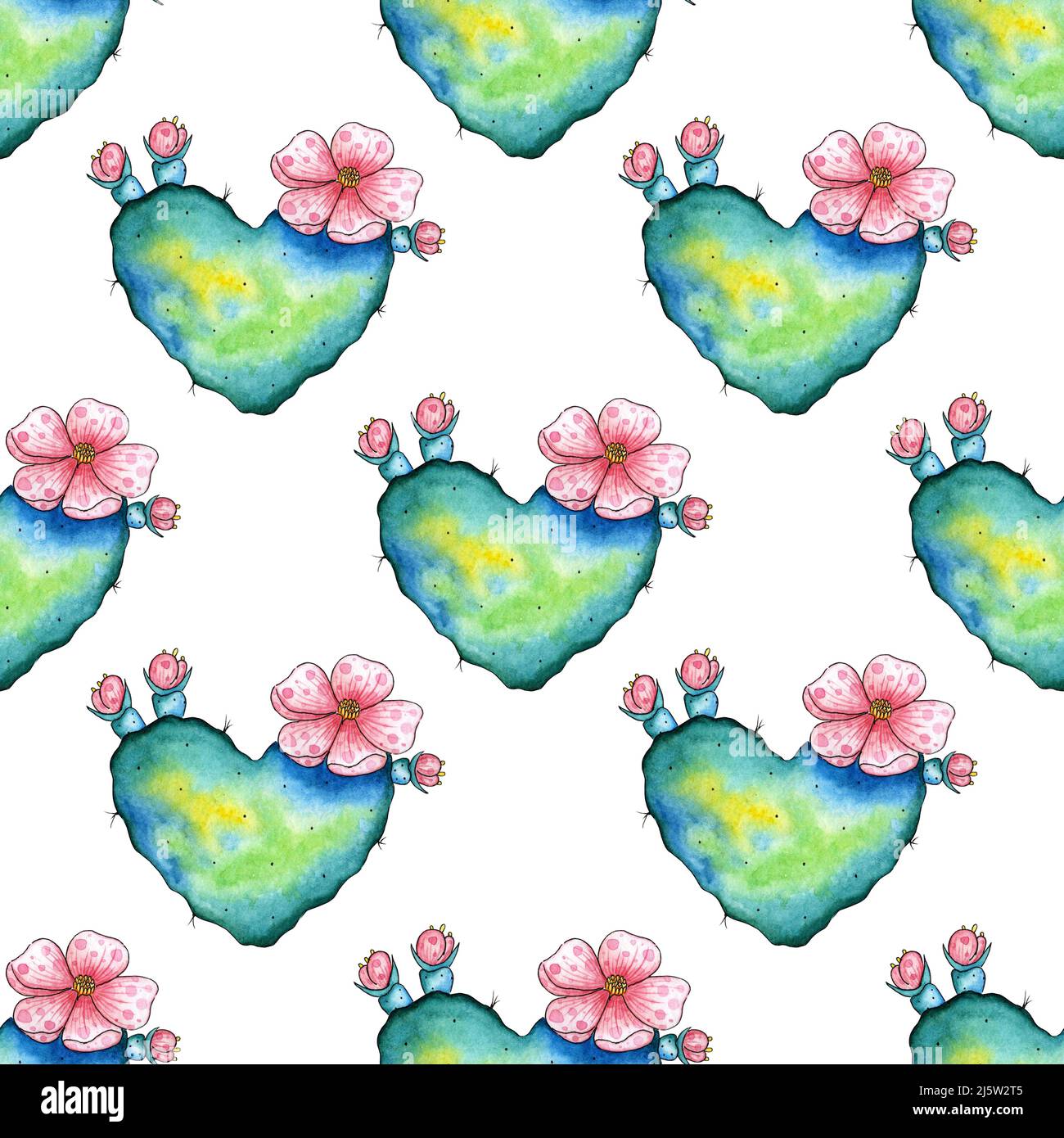 Watercolor illustration of a pattern of blue-green cacti with a heart ...