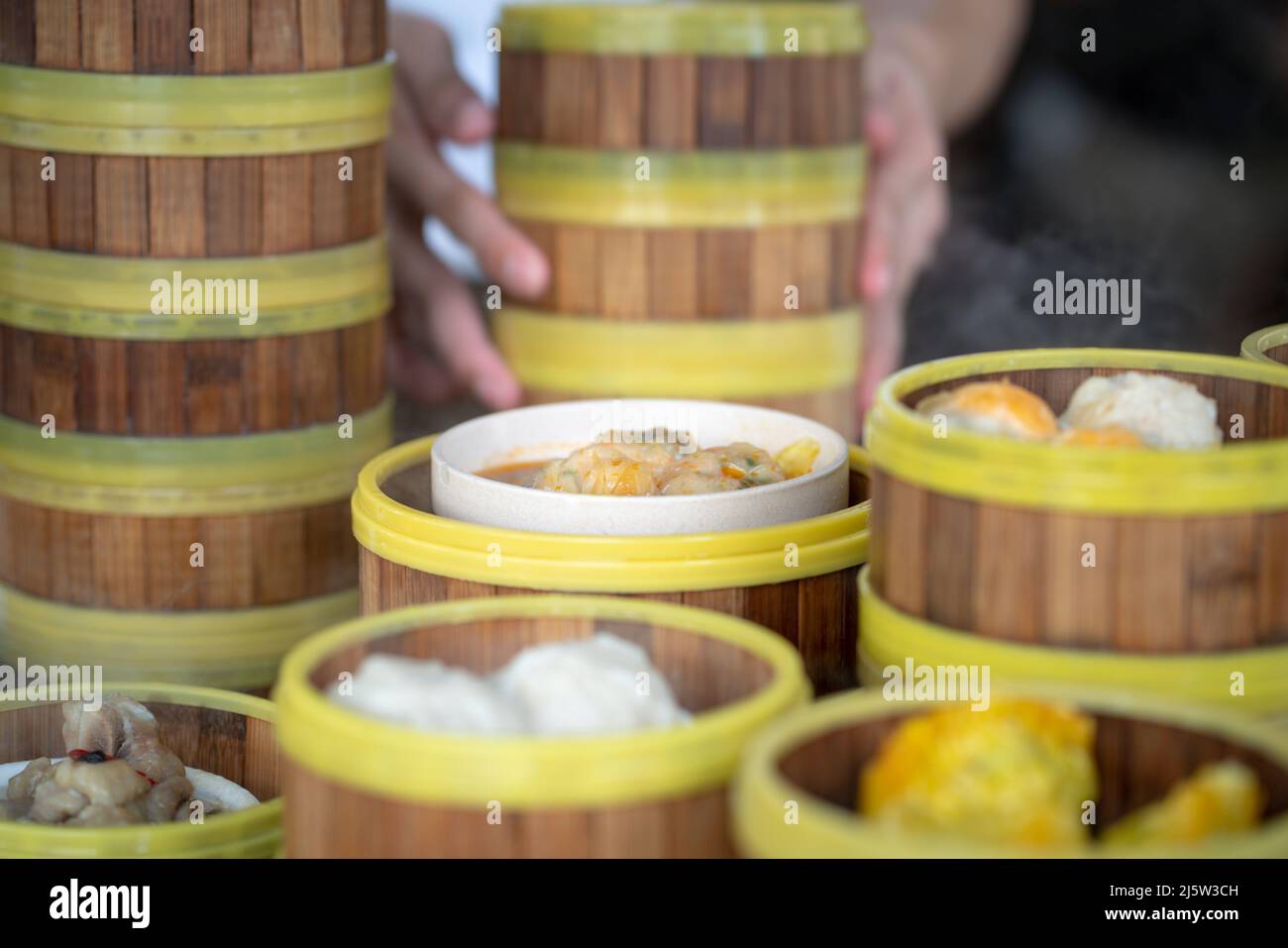 Dim sum steamers in a Chinese restaurant. Close up Stock Photo - Alamy