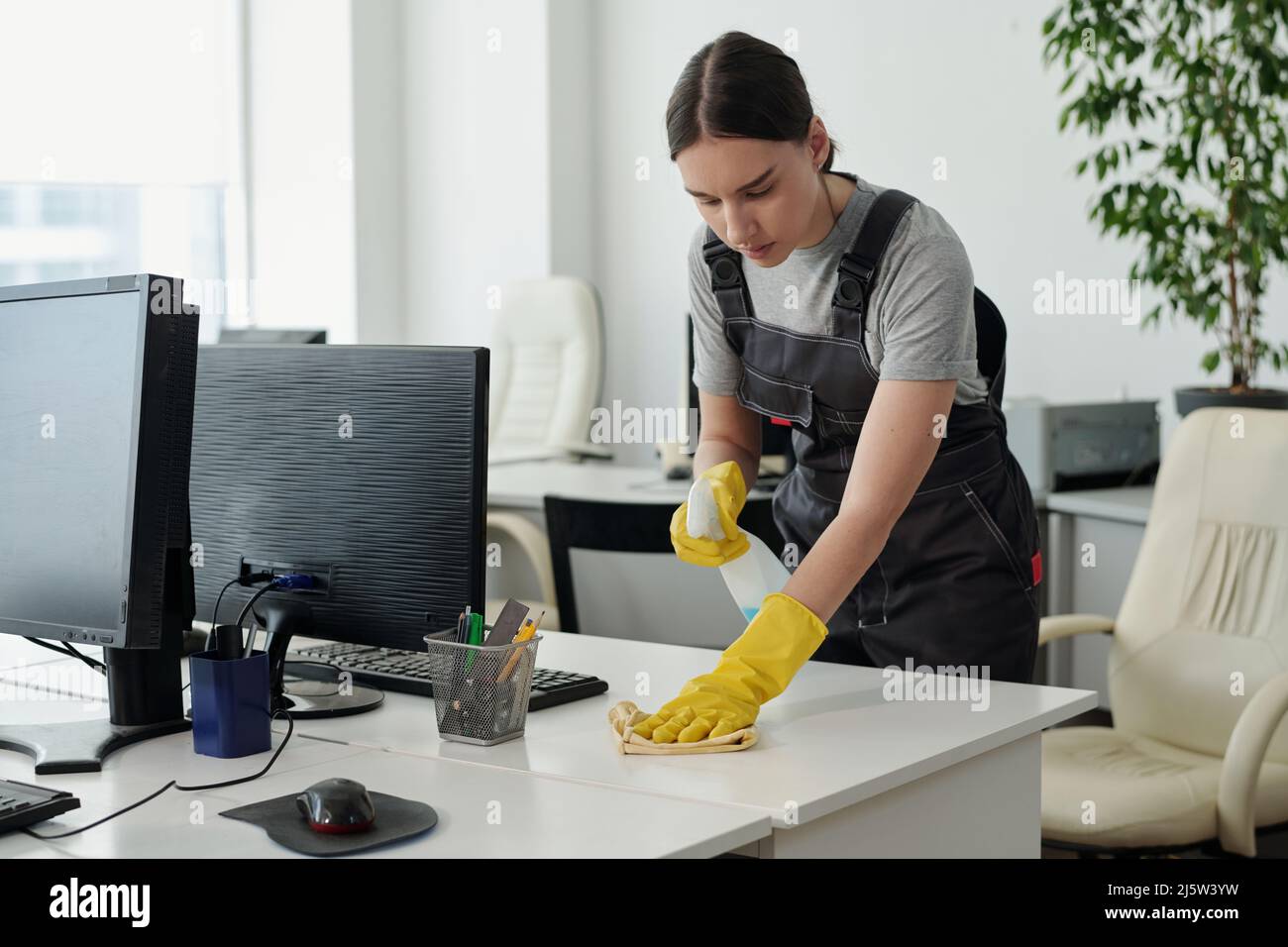 Young female staff of cleaning service company with plastic bottle of ...