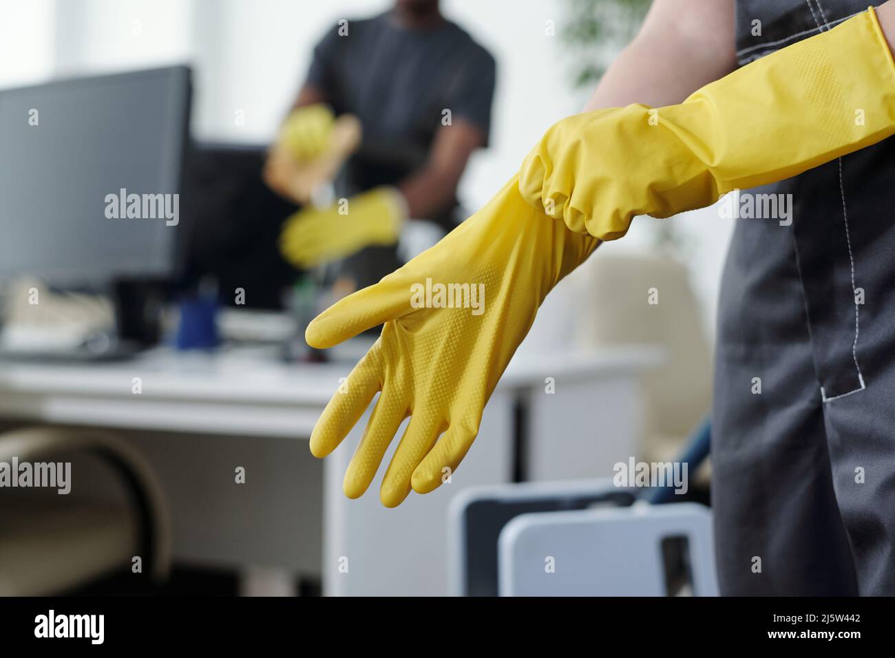 Hands of female worker of contemporary cleaning company putting on ...