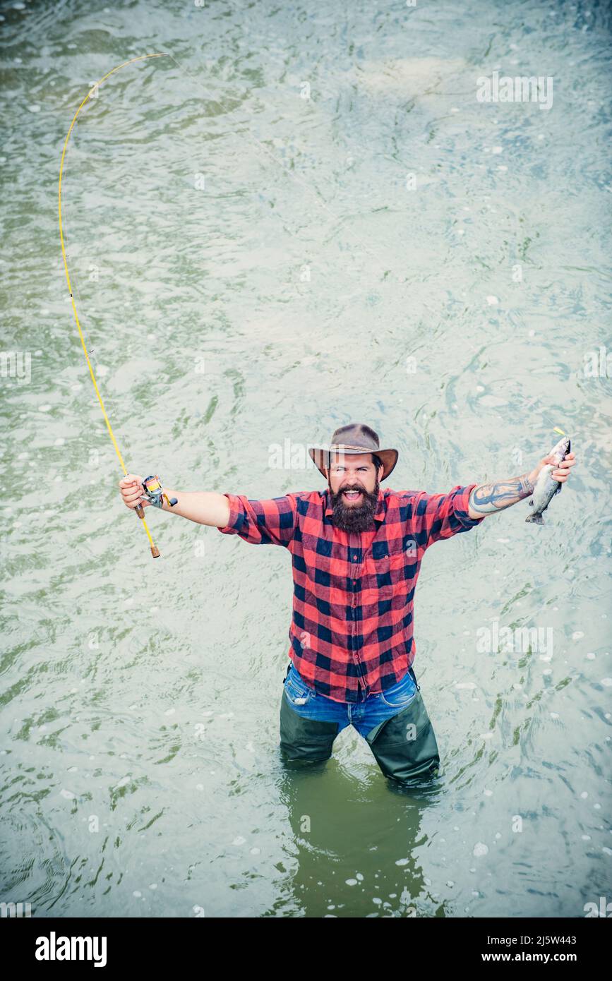 Fishing hobby and summer weekend. Bearded men fisher with fishing rod ...