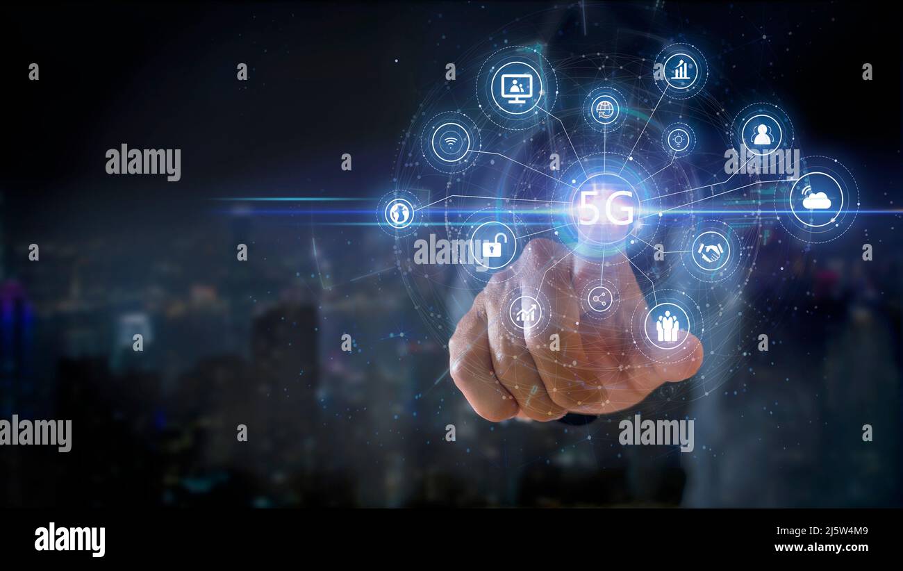 Man hand use finger touch 5G logo connect to cloud Digital ...
