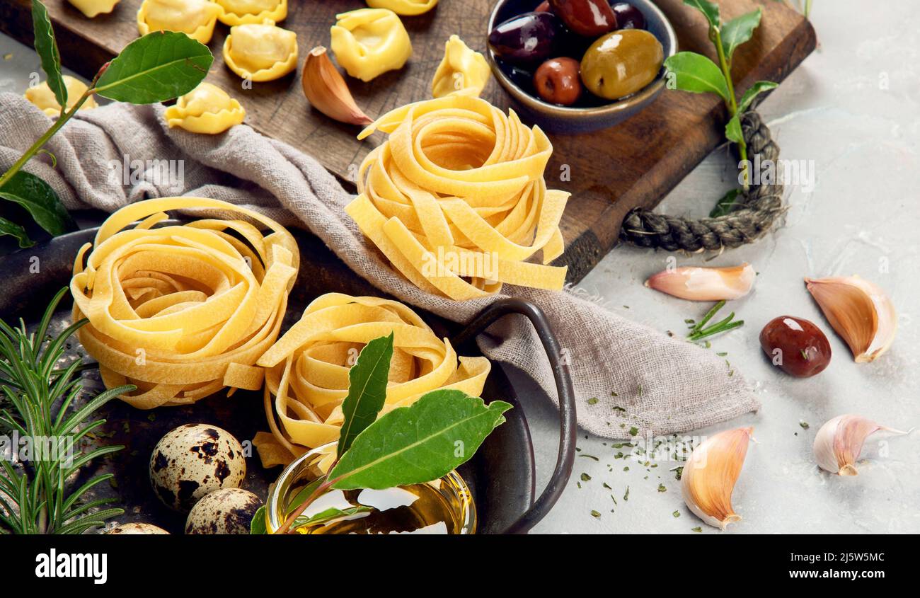 Italian pasta assortment on light background. Traditional food concept ...