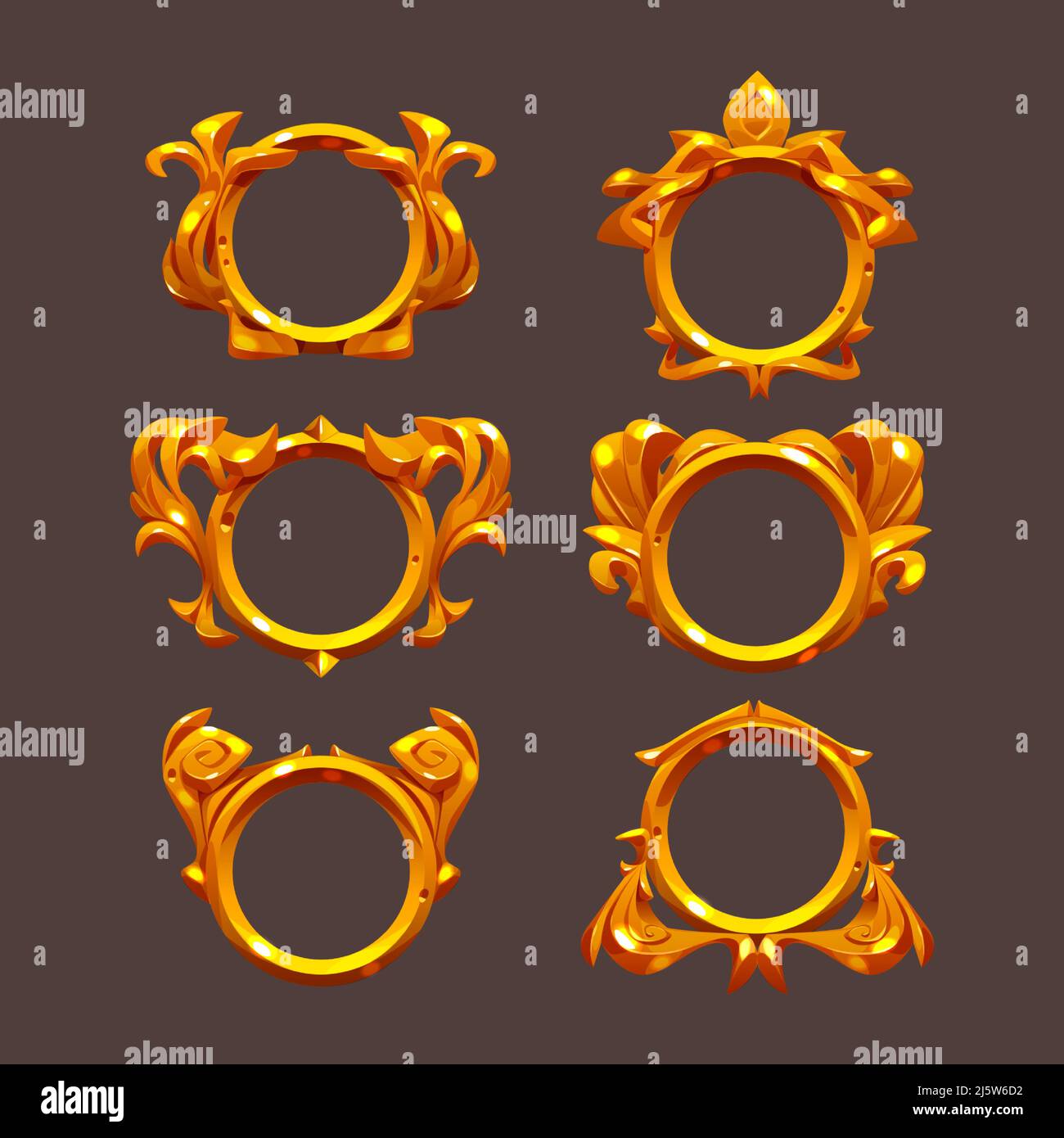 Round Ui Game Frames Gold Textured Circles With Curve Ornate Rims And