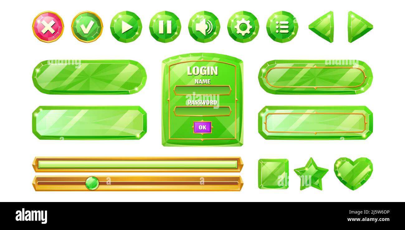 Diamond game menu interface, green crystal ui buttons. Cartoon glossy gui elements, progress bar ...