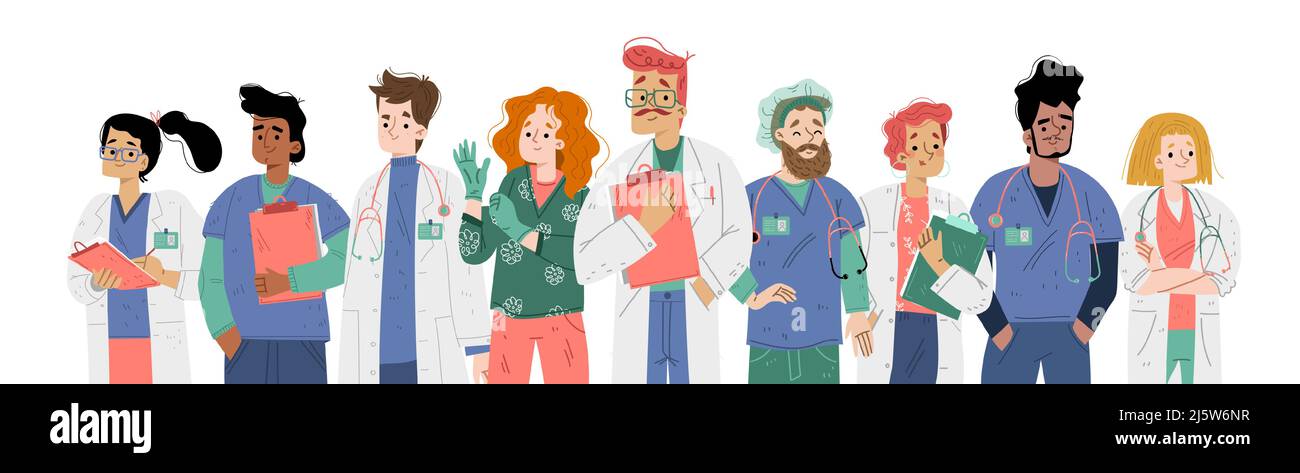 Hospital team with doctors and nurses in uniform. Vector flat ...