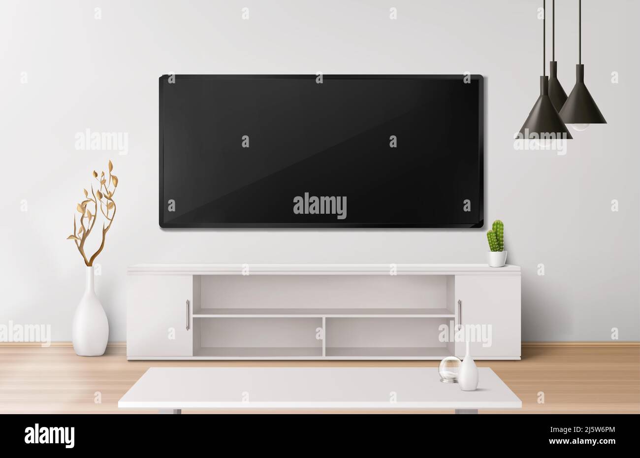 Living room with wide lcd tv screen, stand and table. Vector realistic ...
