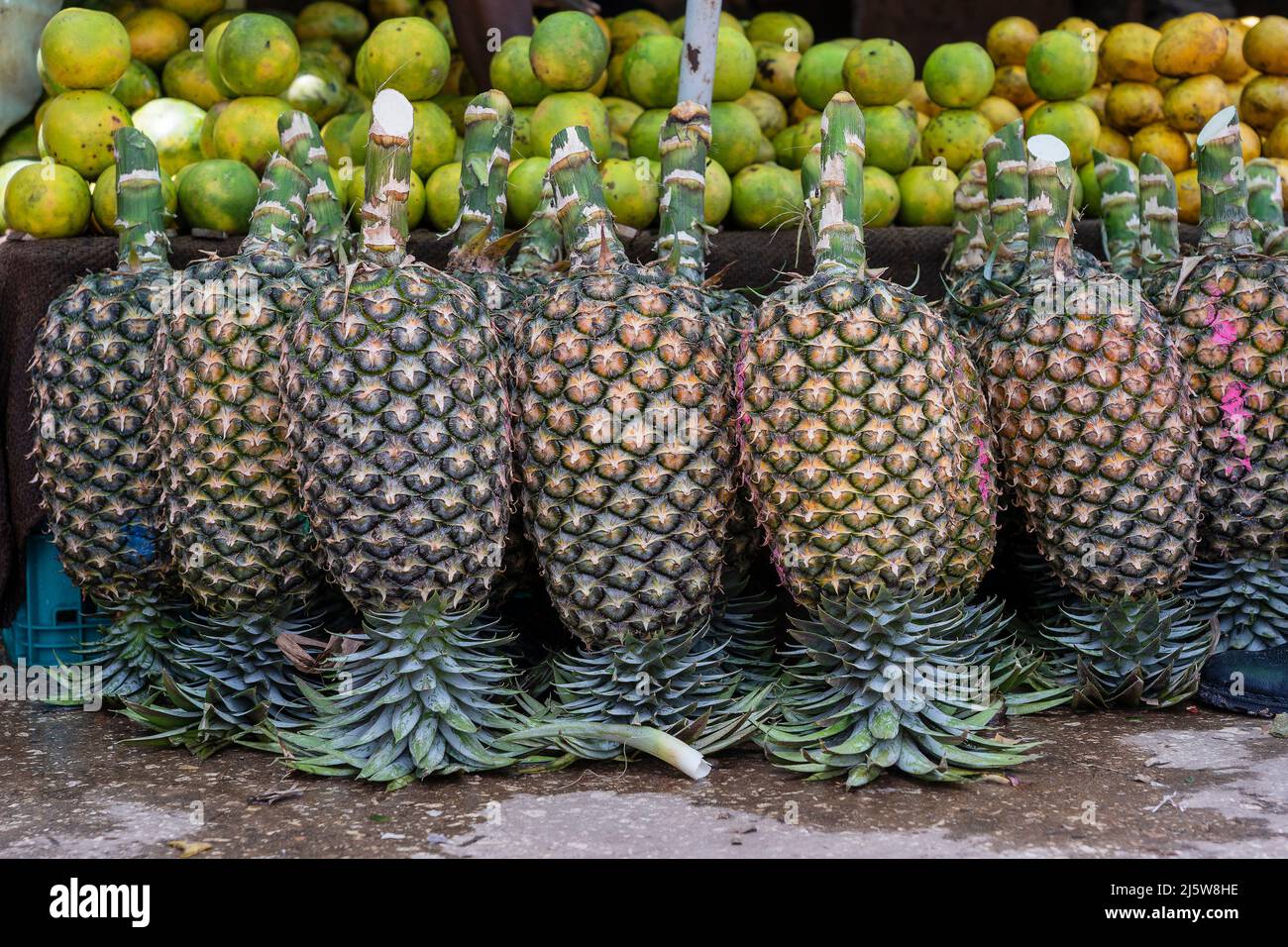 Raw pineapples and mango are sold at a local street food market on the ...