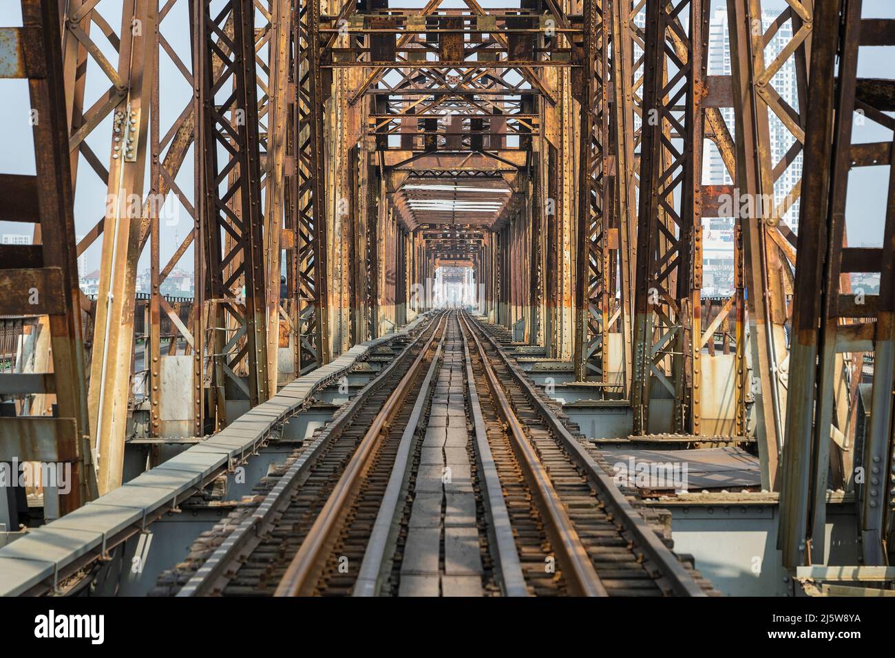 Ancient railway steel bridge. Railway on Long Bien Bridge in Hanoi ...