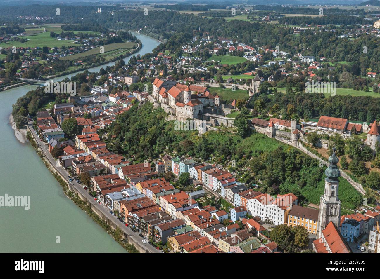 Aerial view to Burghausen and his famous castle Stock Photo - Alamy