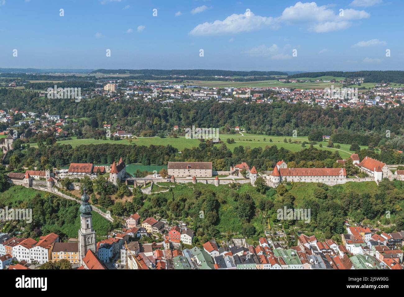 Aerial view to Burghausen and his famous castle Stock Photo - Alamy