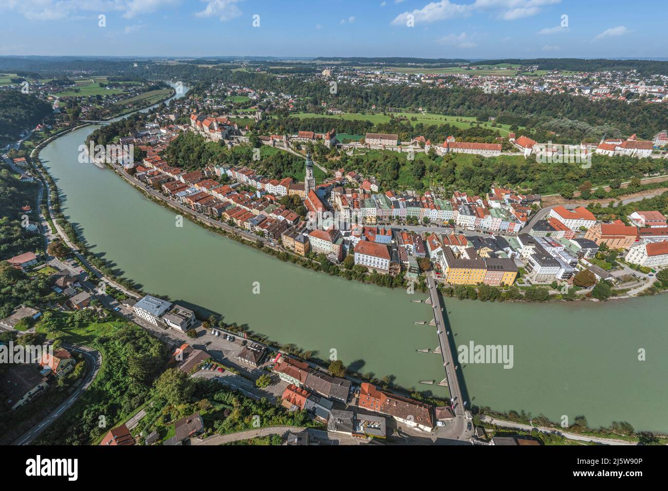 Aerial view to Burghausen and his famous castle Stock Photo - Alamy