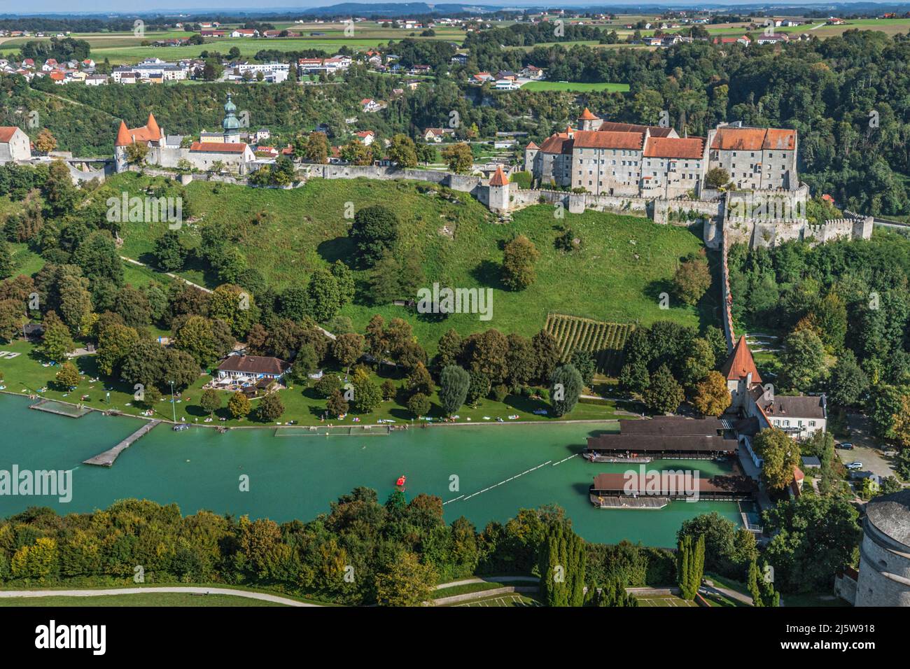 Aerial view to Burghausen and his famous castle Stock Photo - Alamy