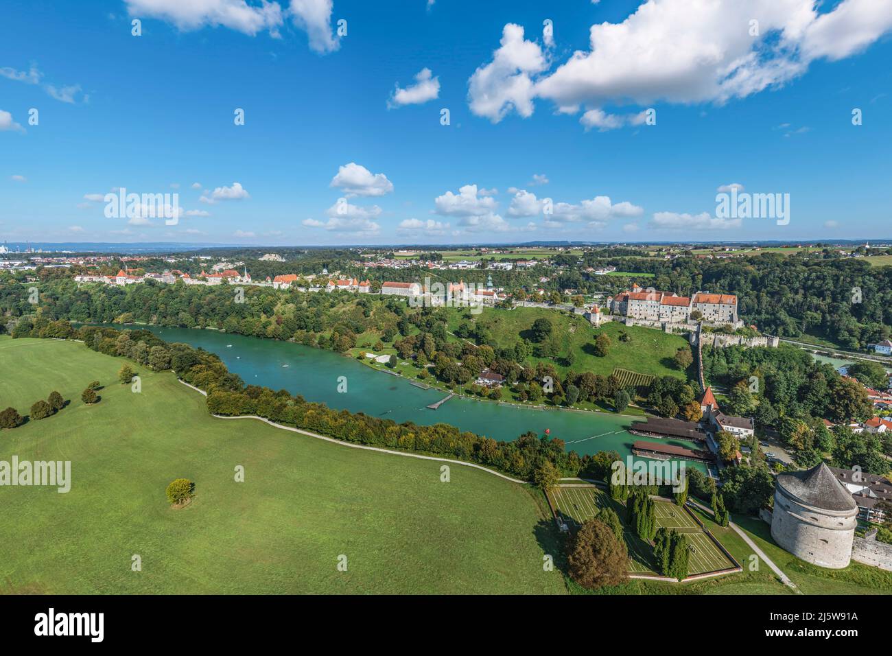 Aerial view to Burghausen and his famous castle Stock Photo - Alamy