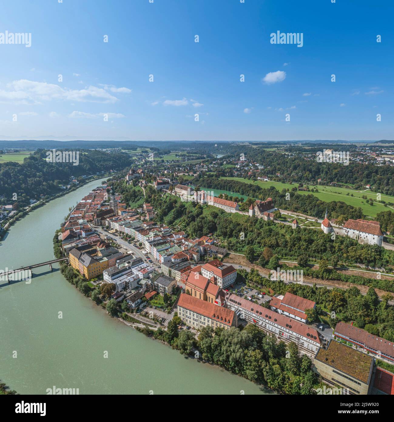 Aerial view to Burghausen and his famous castle Stock Photo - Alamy