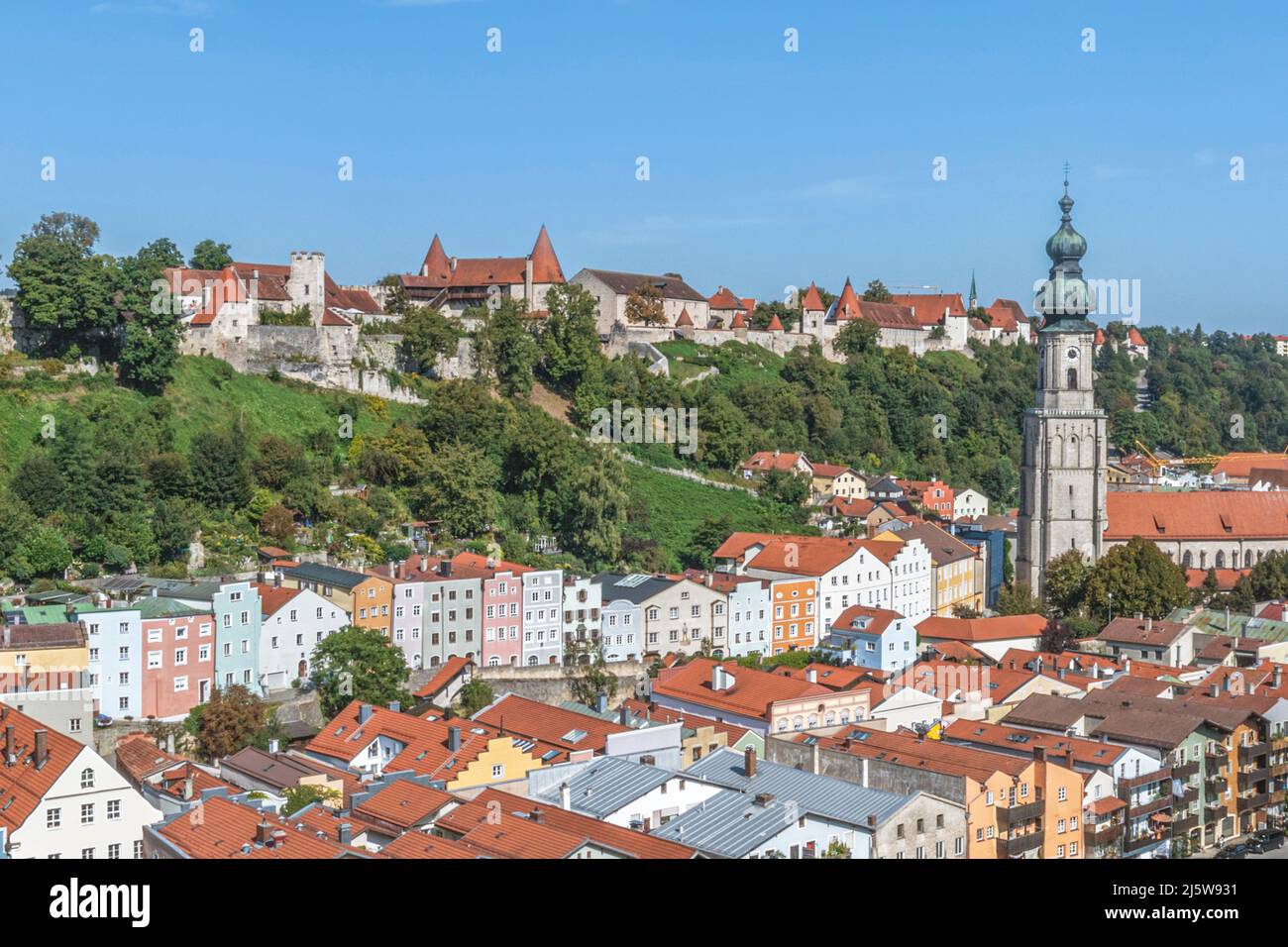 Aerial view to Burghausen and his famous castle Stock Photo - Alamy