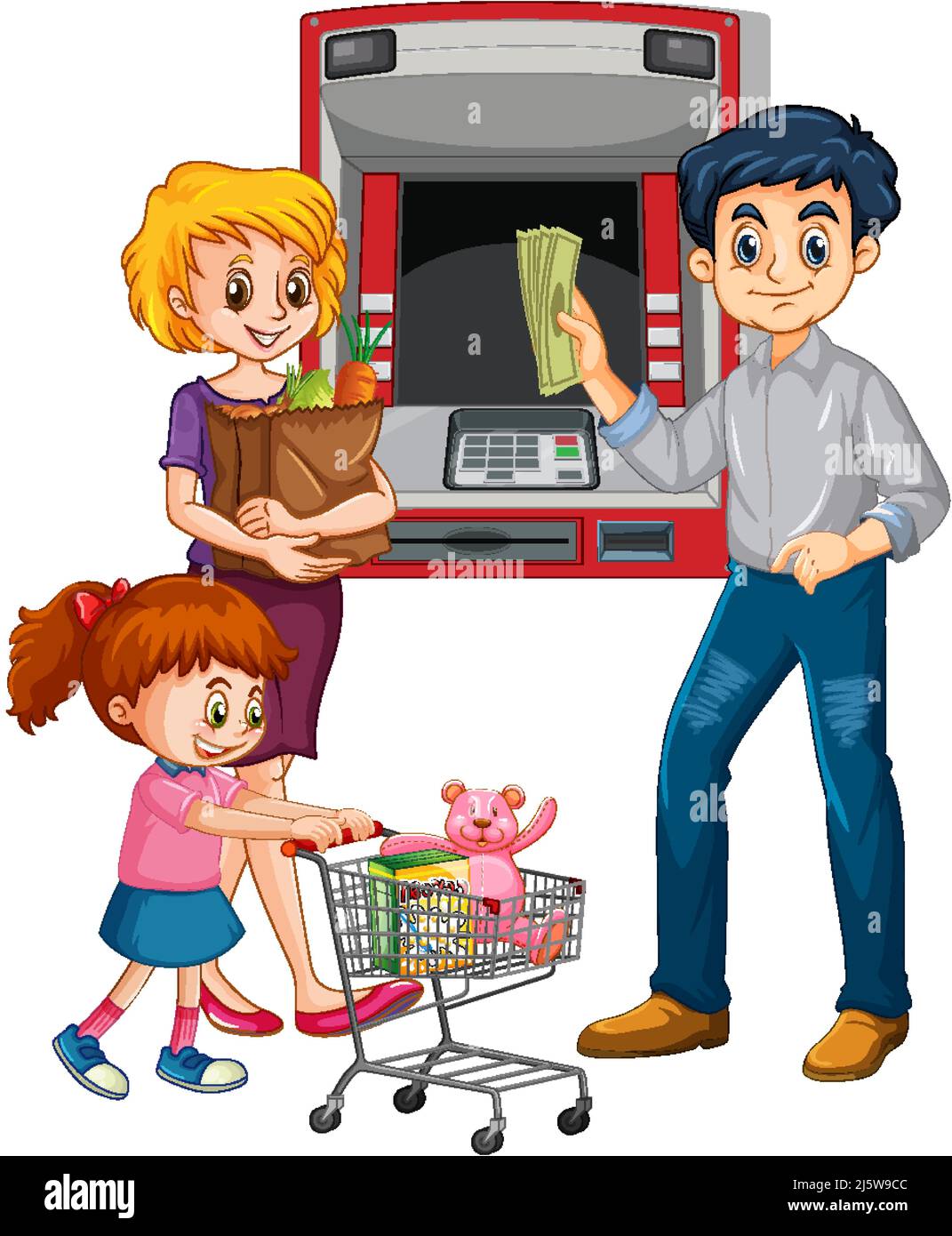 A man withdraw money from atm machine and his family cartoon character ...