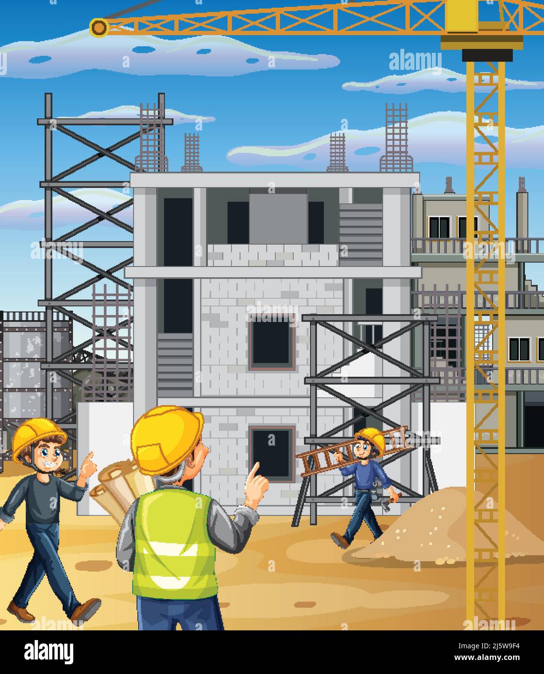 Building construction site with workers illustration Stock Vector Image ...