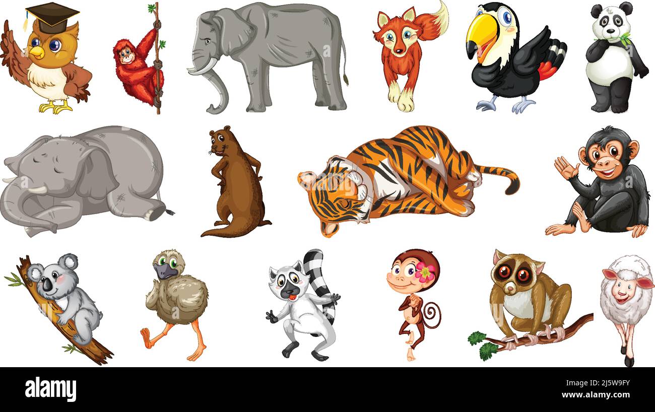 Many wild animals on white background illustration Stock Vector Image ...