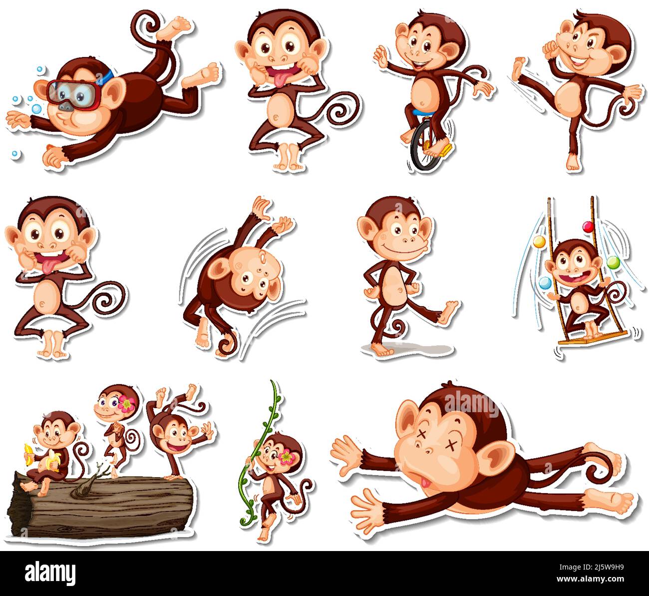 Sticker set of funny monkey cartoon characters illustration Stock ...