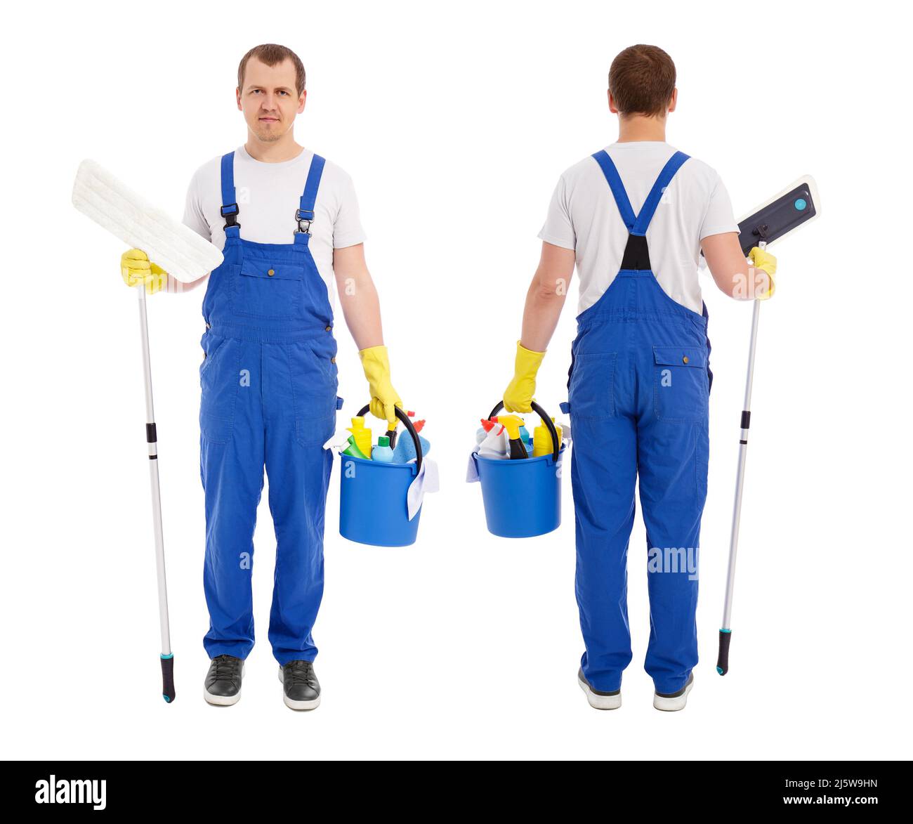 front and back view of young male cleaner in blue uniform and yellow ...