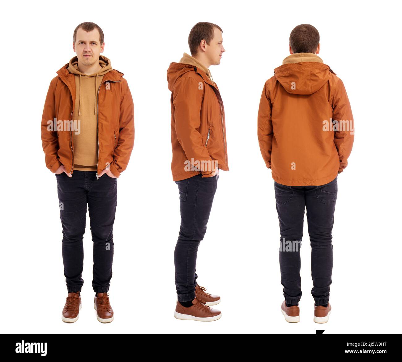 front, side and back view of full length handsome man in brown jacket ...
