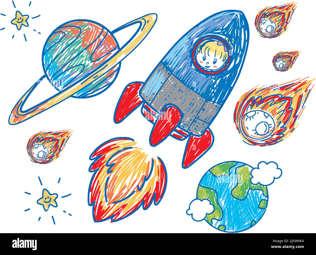 Coloured hand drawn spaceship collection illustration Stock Vector ...